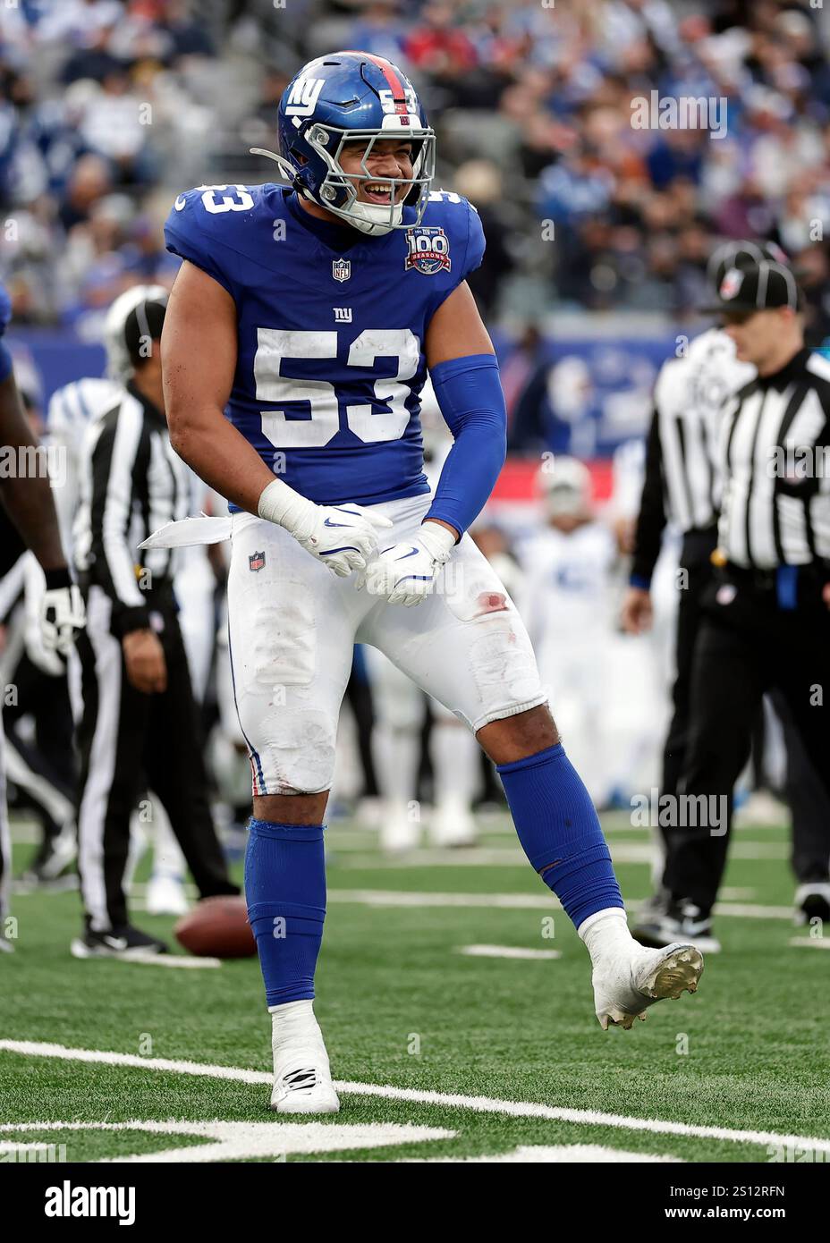 New York Giants linebacker Darius Muasau (53) reacts during an NFL ...