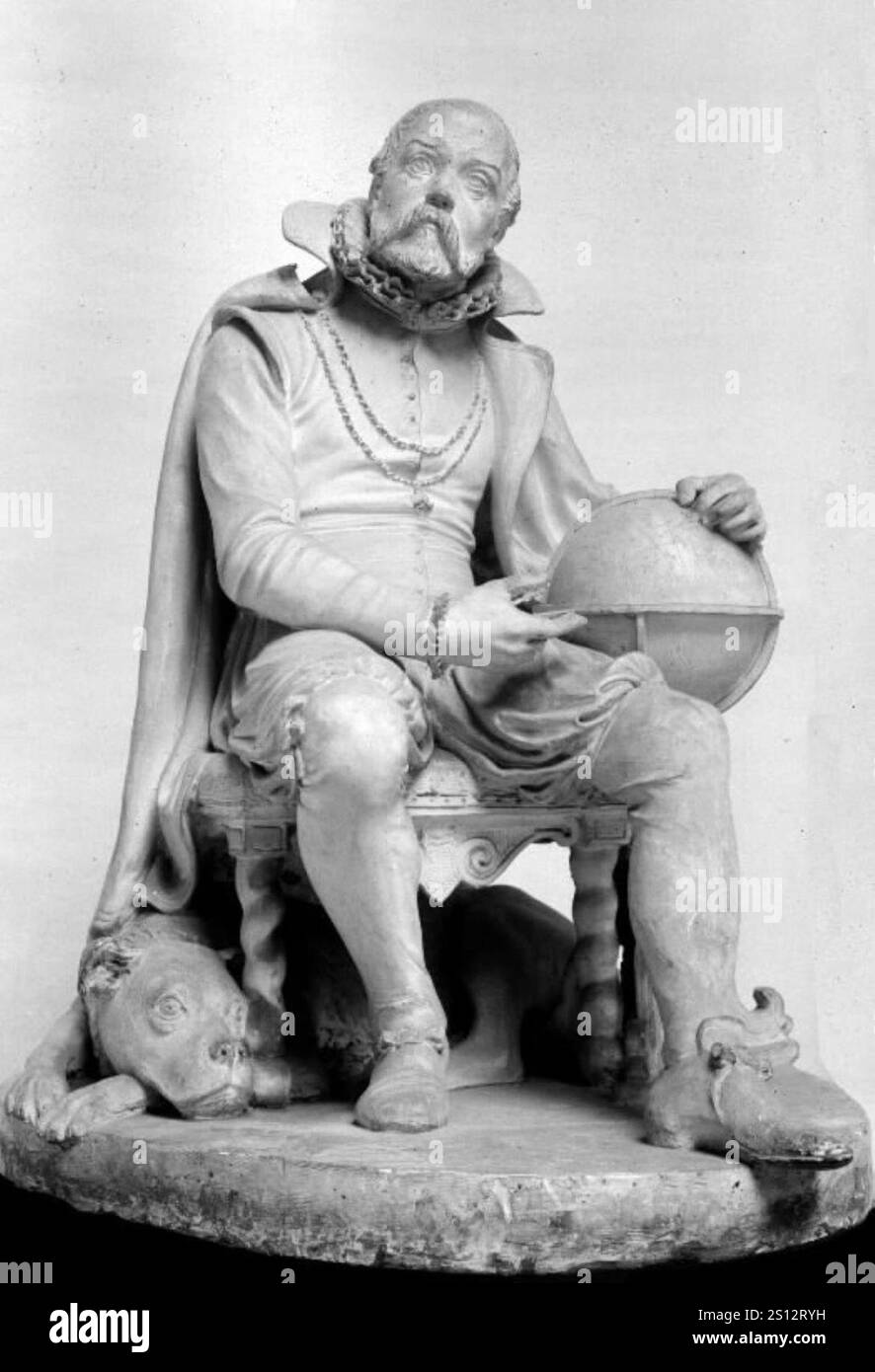 O Evens, Astronomen Tycho Brahe siddende i en stol med en stjerneglobus ...