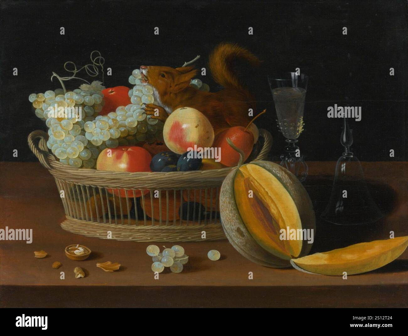 Still Life with a Basket of Fruit and a Squirrel, Glasses, and a Cut ...
