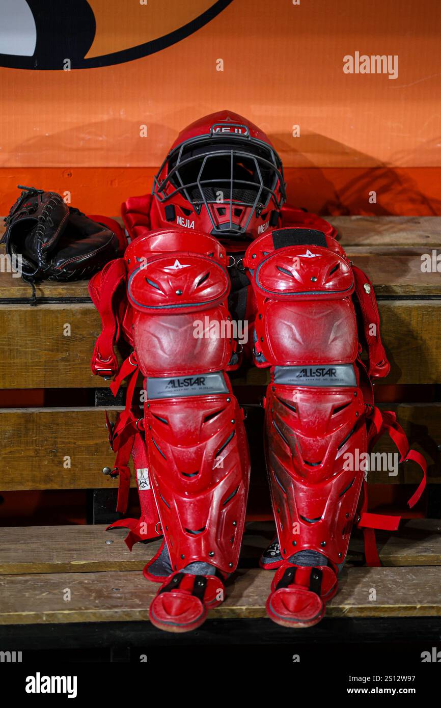 HERMOSILLO, MEXICO - DECEMBER 28: Detail of the red Rawlings catcher's ...