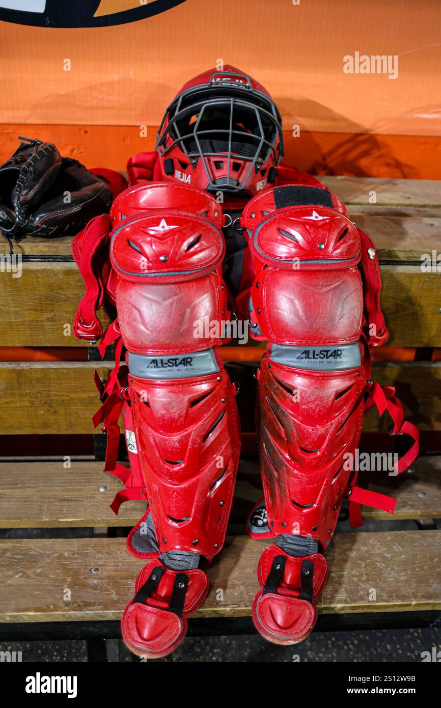 HERMOSILLO, MEXICO - DECEMBER 28: Detail of the red Rawlings catcher's ...