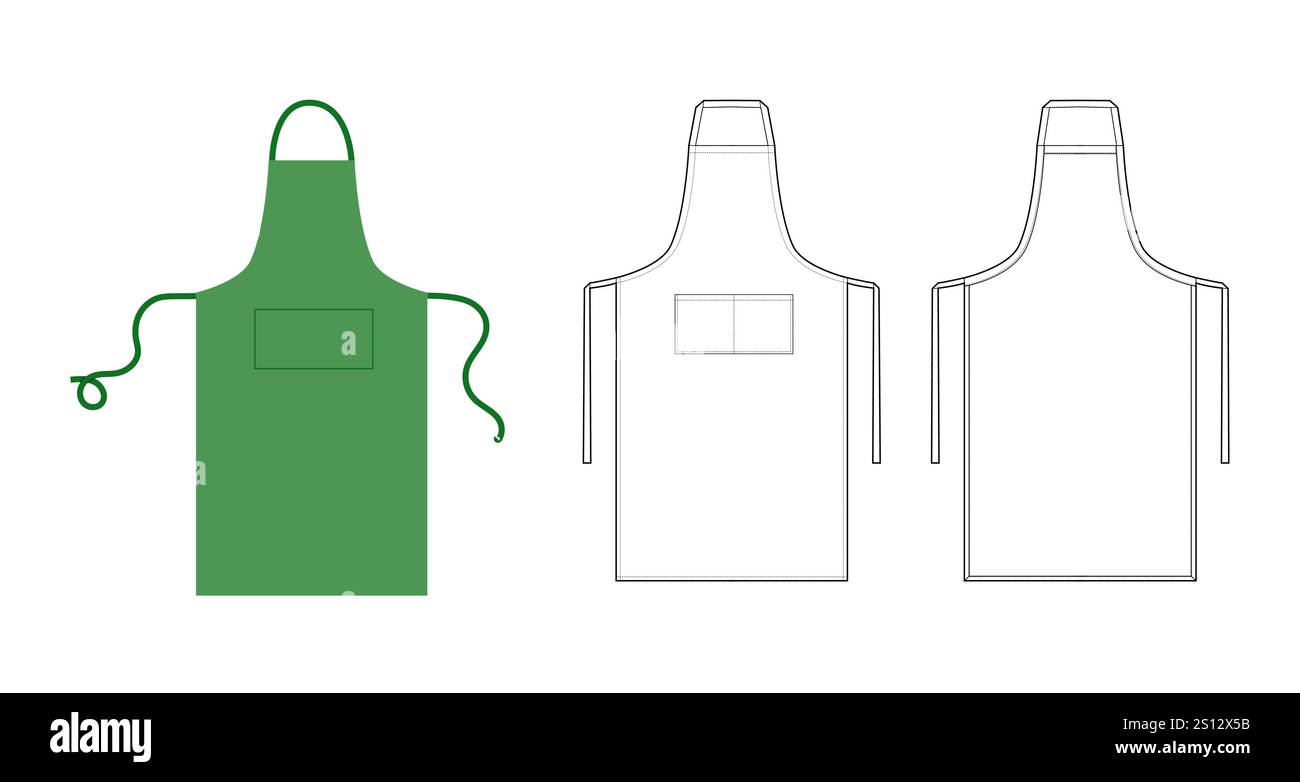 Set of Long Bib Aprons technical fashion illustration. Chef uniform for ...