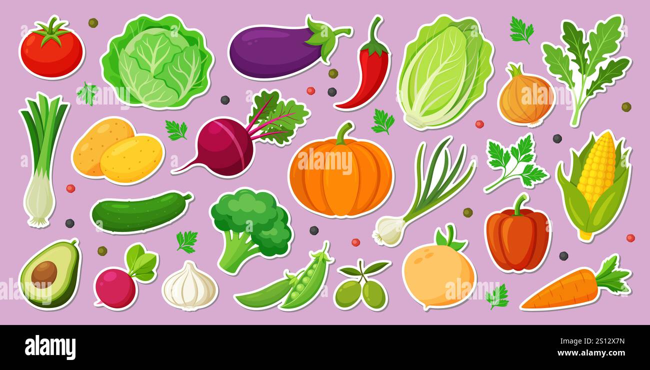 Colorful vegetables and salad stickers set. Modern Hand drawn Trendy ...