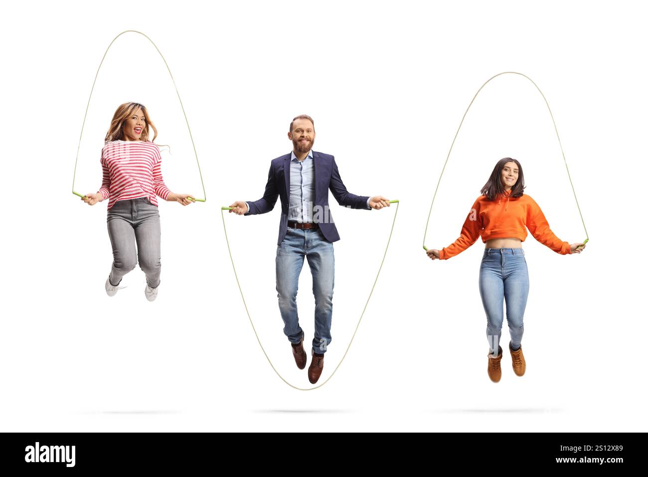 Full length portrait of two women and one man skipping a rope isolated ...
