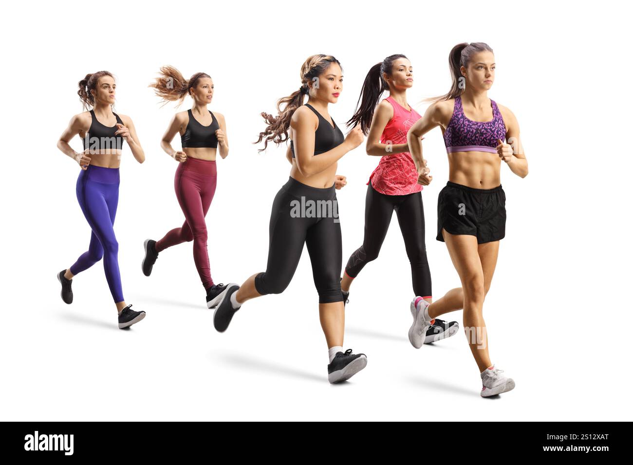 Group of young women running a race isolated on white background Stock ...