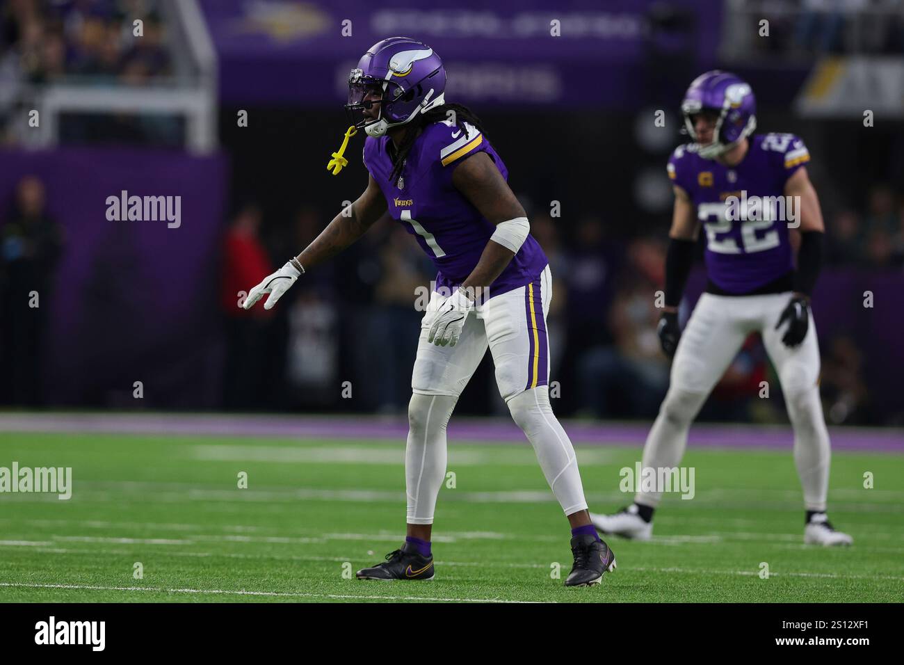 Minnesota Vikings cornerback Shaquill Griffin (1) lines up for a play ...