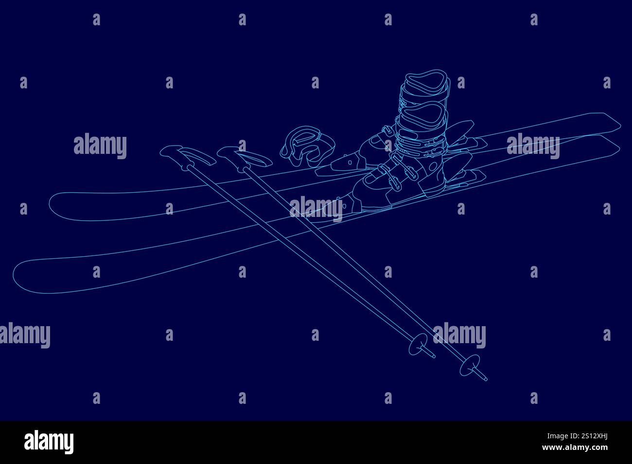 Pair of skis and ski poles are shown in a blue background. The skis are ...