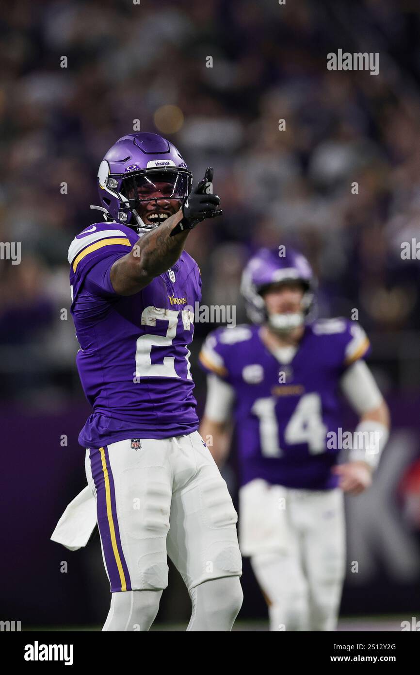 Minnesota Vikings running back Cam Akers (27) reacts after a play ...