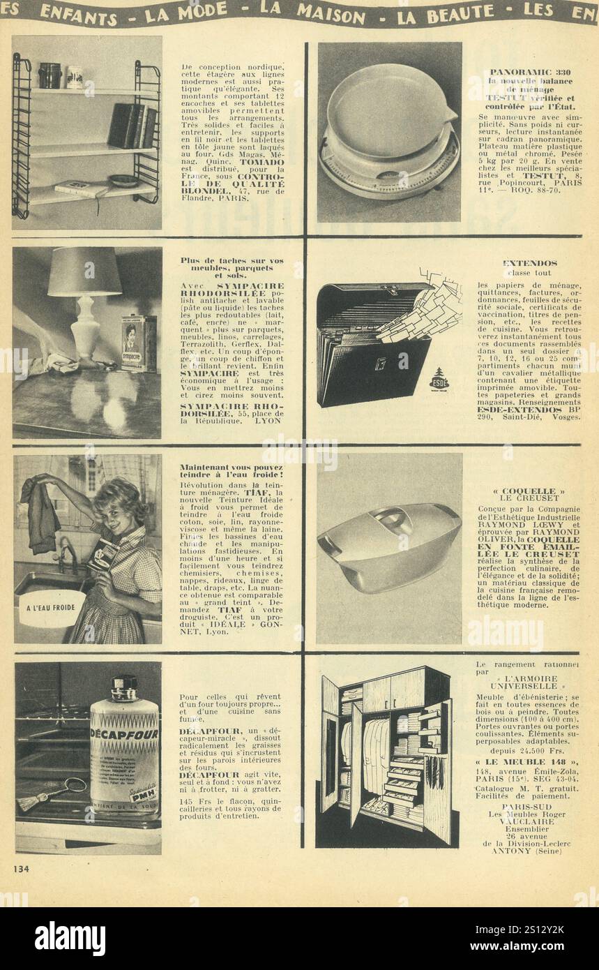 1959 French home goods, appliances, furniture ads page in Modes et ...