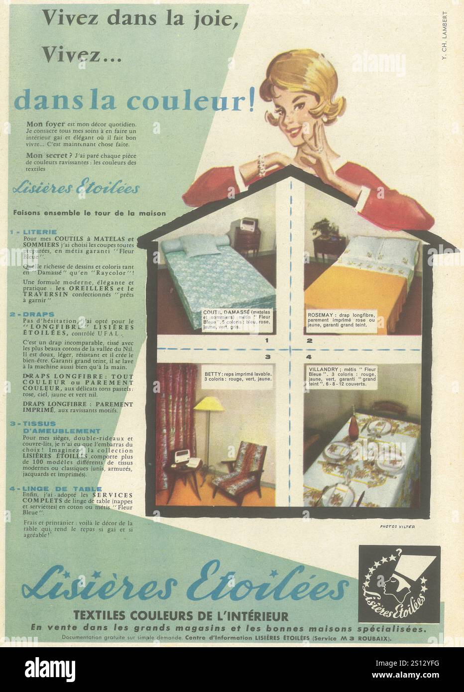 1959 French Lisieres Etoilees home textiles ad Stock Photo - Alamy