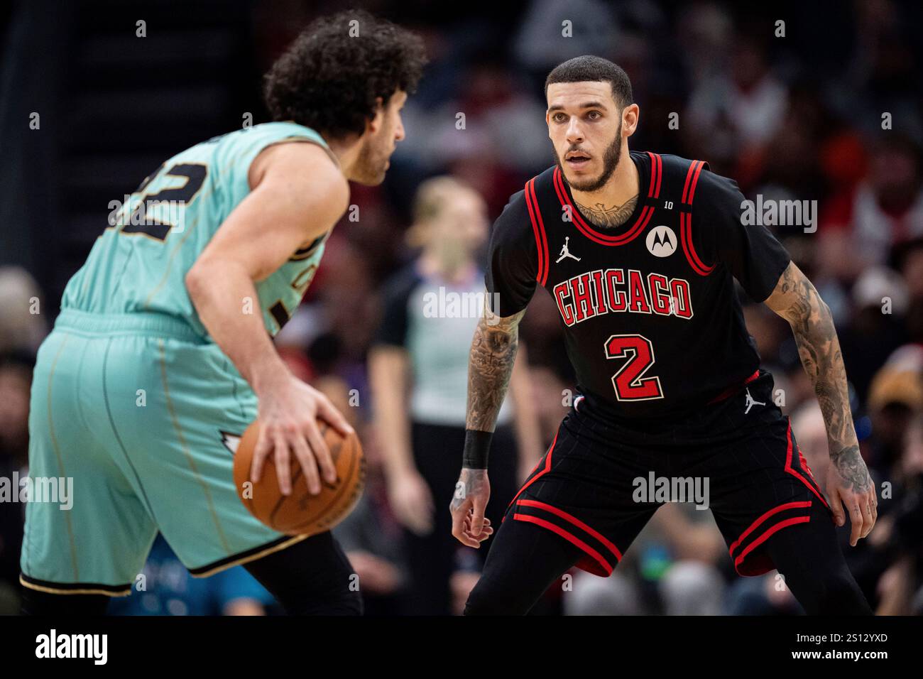 Chicago Bulls guard Lonzo Ball (2) defends against Charlotte Hornets ...