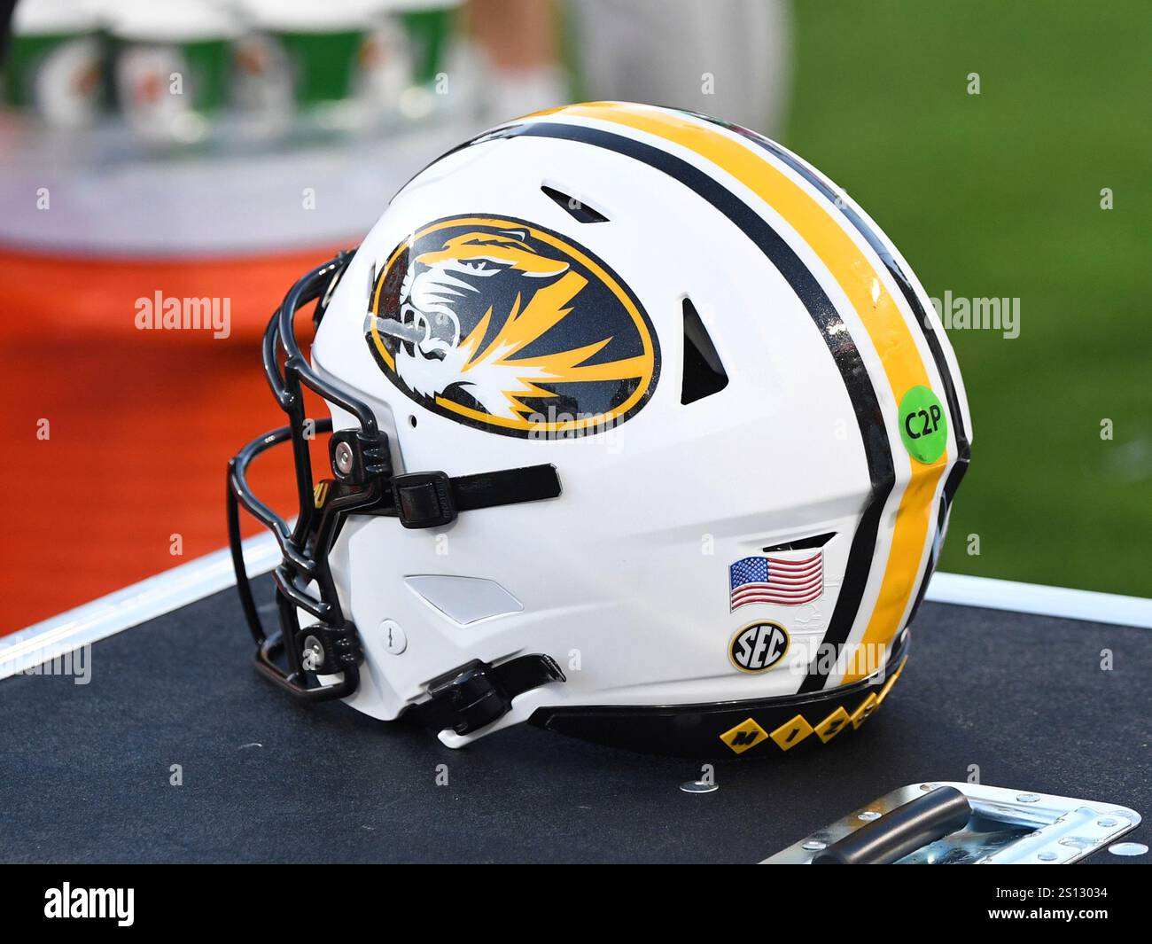 NASHVILLE, TN - DECEMBER 30: A Missouri Tigers football helmet sits on ...