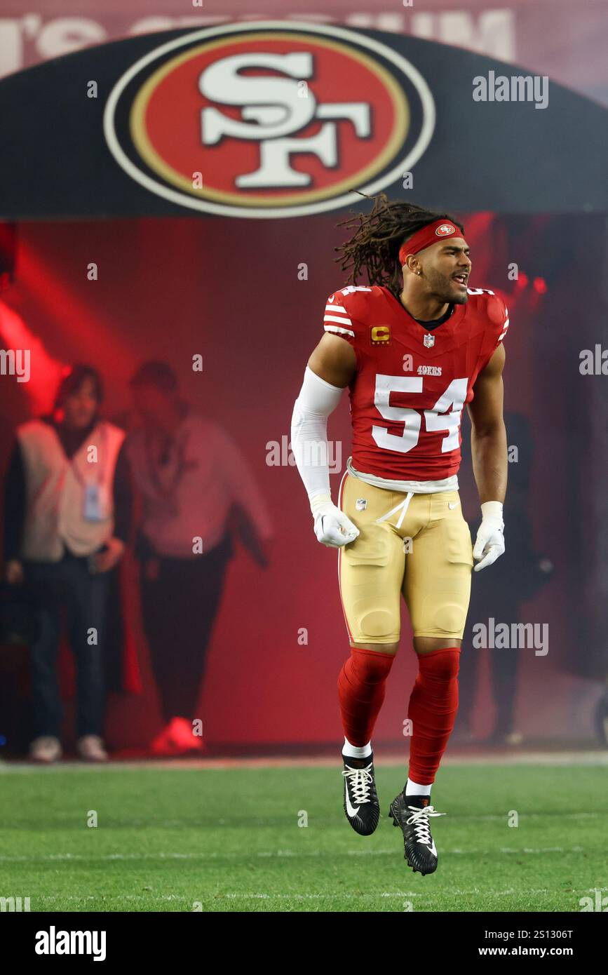 San Francisco 49ers linebacker Fred Warner (54) enters the field before an NFL football game ...