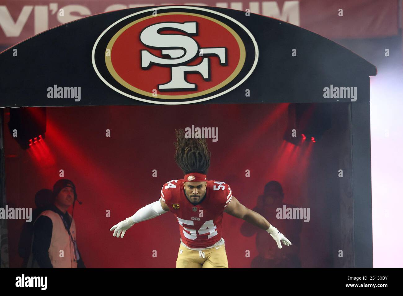 San Francisco 49ers linebacker Fred Warner (54) enters the field before an NFL football game ...