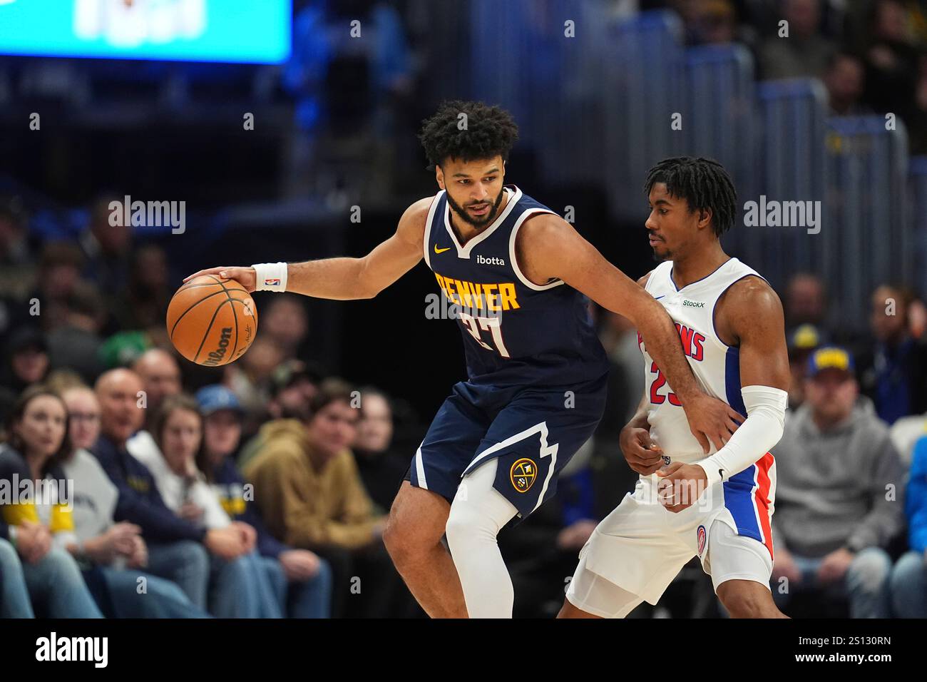 Denver Nuggets guard Jamal Murray (27) and Detroit Pistons guard Jaden ...