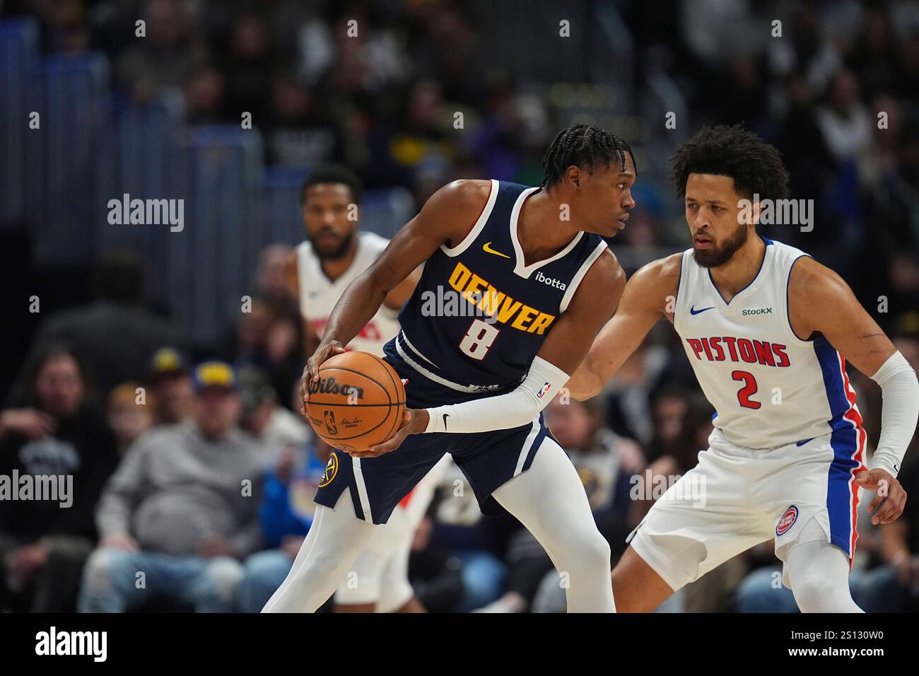 Denver Nuggets forward Peyton Watson (8) and Detroit Pistons guard Cade ...
