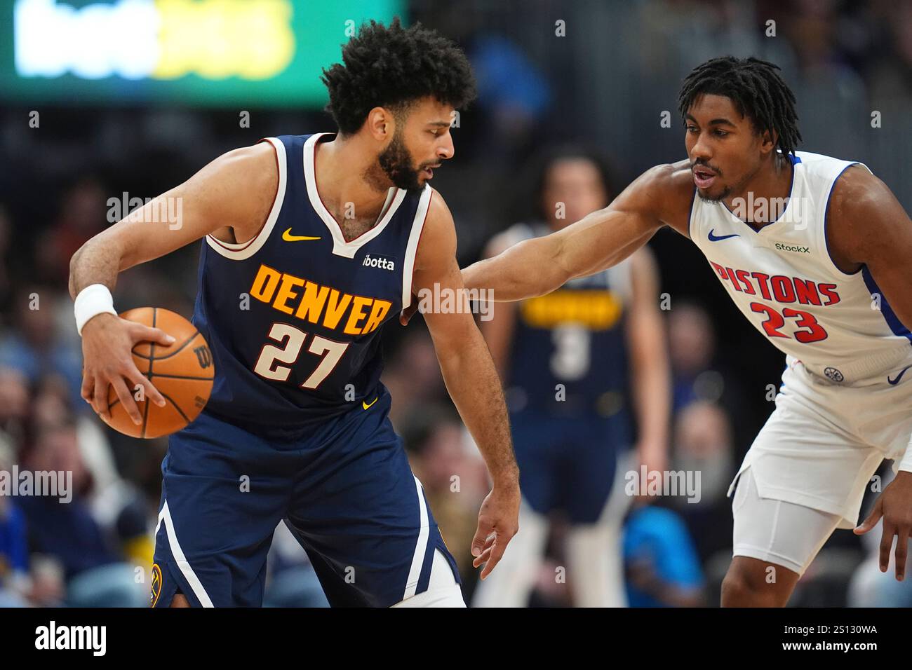 Denver Nuggets guard Jamal Murray (27) and Detroit Pistons guard Jaden ...