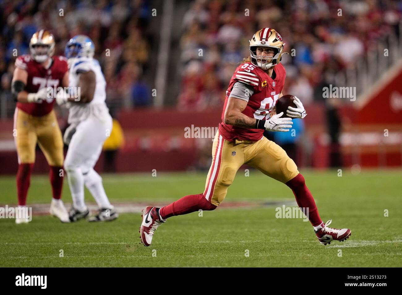 San Francisco 49ers tight end George Kittle (85) runs after a catch ...