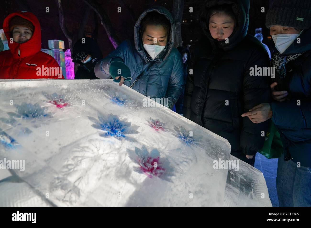 Harbin, China. 30th Dec, 2024. People visit illuminated ice lanterns ...