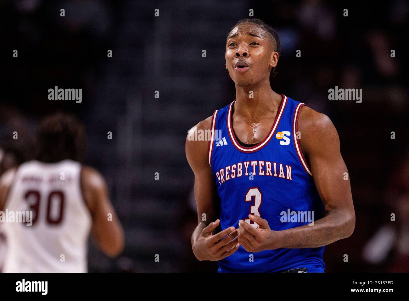 December 30, 2024: Presbyterian guard Kobe Stewart (3) reacts during ...