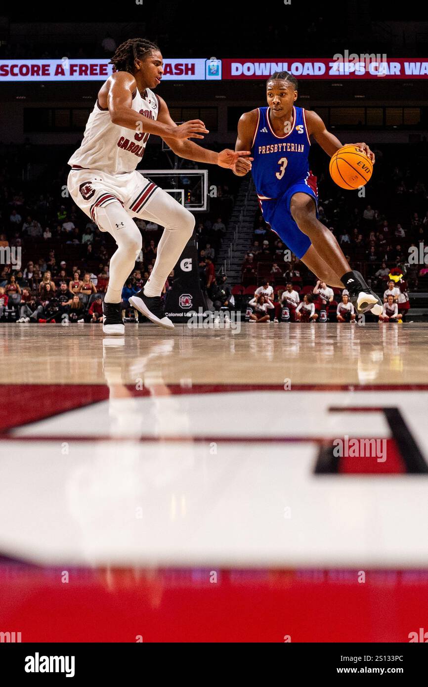 Columbia, SC, USA. 30th Dec, 2024. Presbyterian guard Kobe Stewart (3 ...