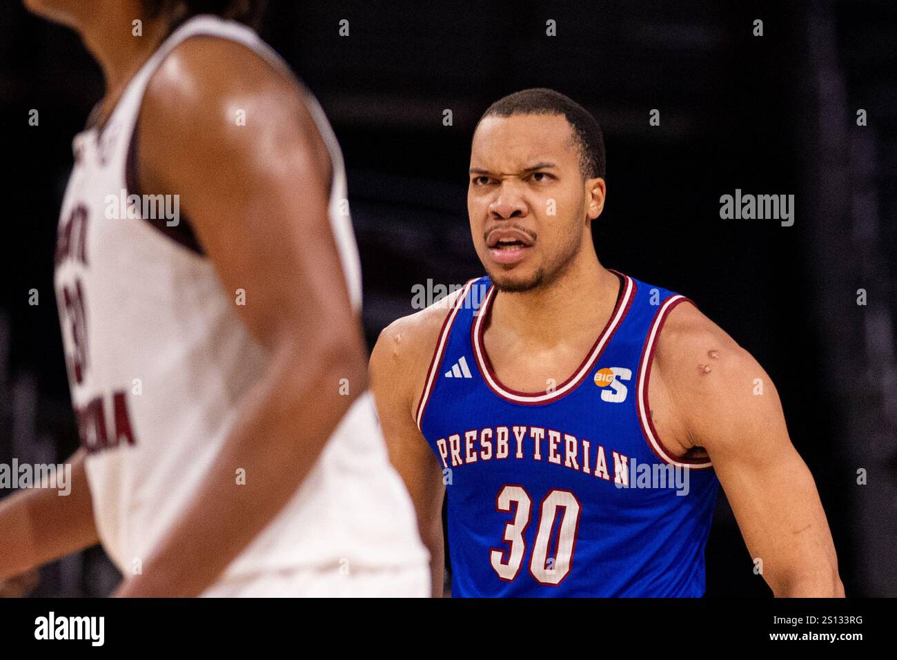 December 30, 2024: Presbyterian forward Kaleb Scott (30) reacts during ...