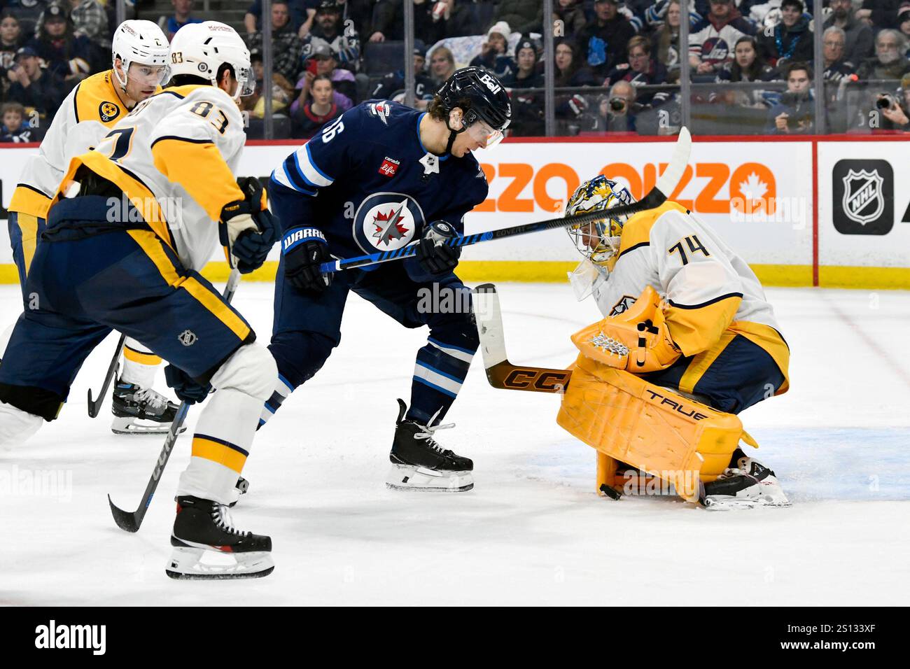 Nashville Predators goaltender Juuse Saros (74) makes a save against ...