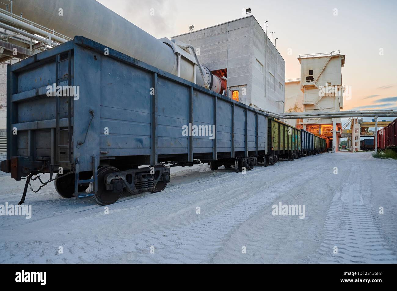 Freight gondola cars wait for loading of limestone products Stock Photo ...