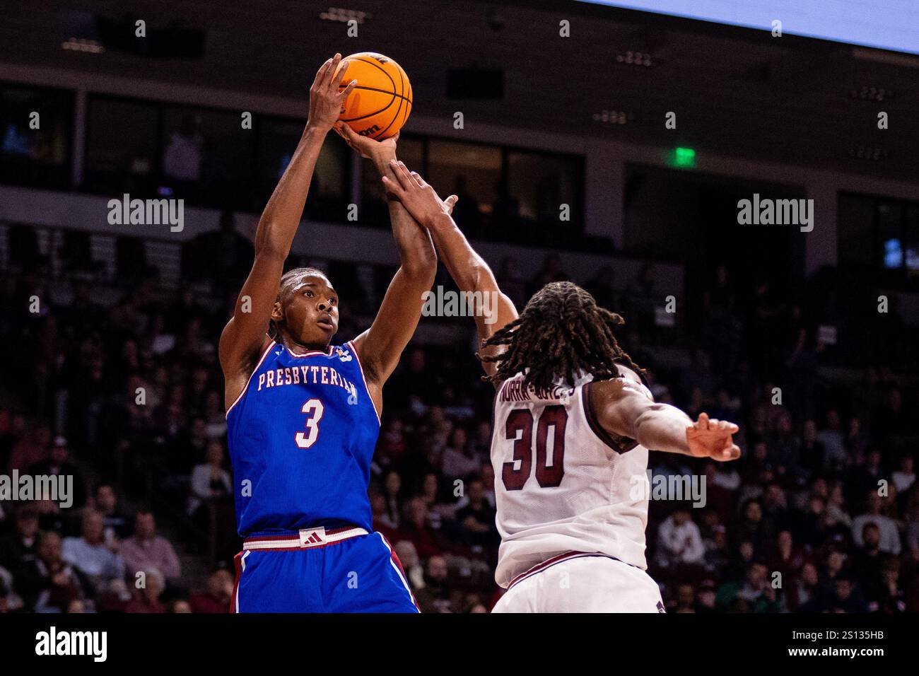 Columbia, SC, USA. 30th Dec, 2024. Presbyterian guard Kobe Stewart (3 ...