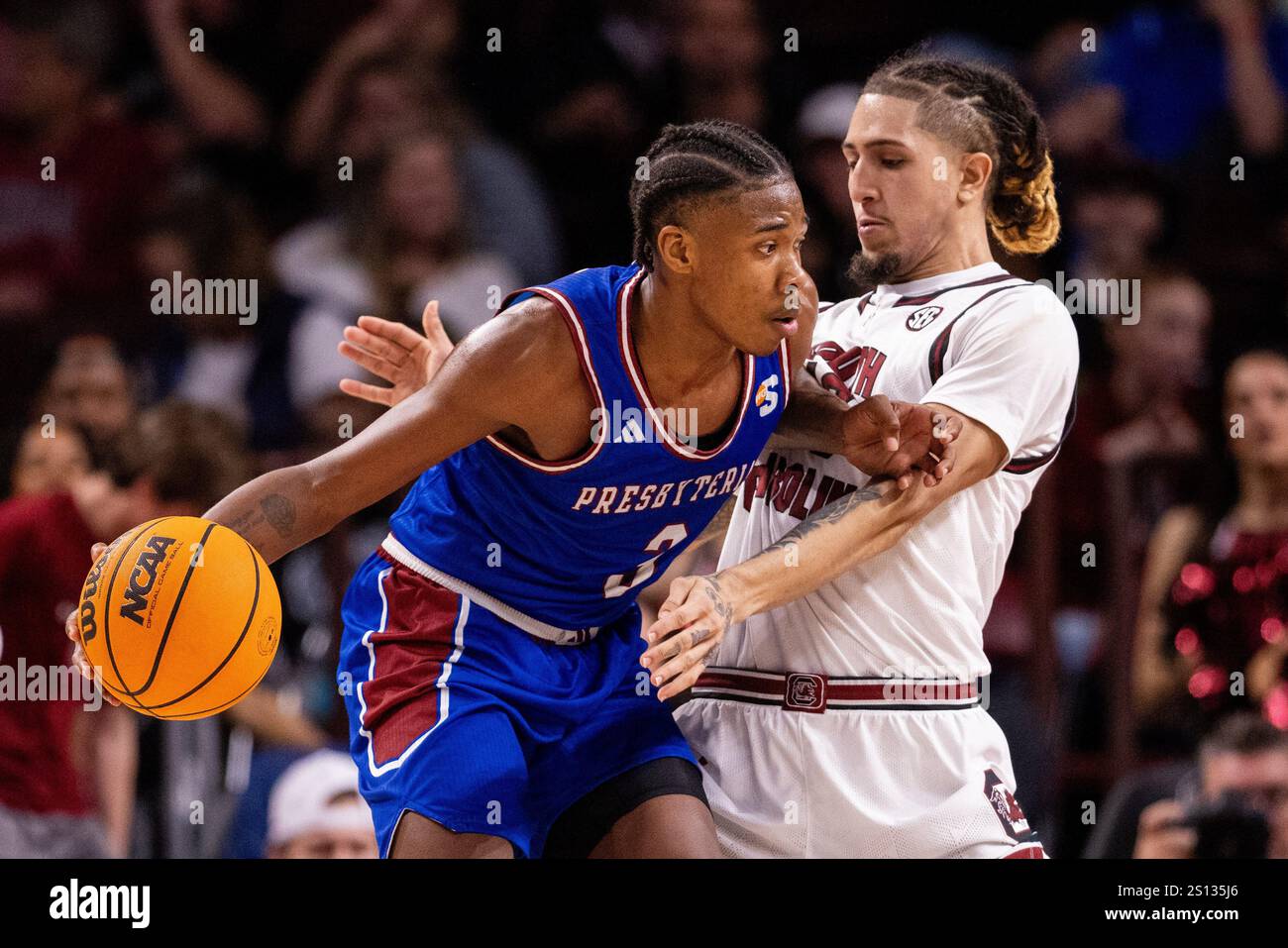Columbia, SC, USA. 30th Dec, 2024. Presbyterian guard Kobe Stewart (3 ...