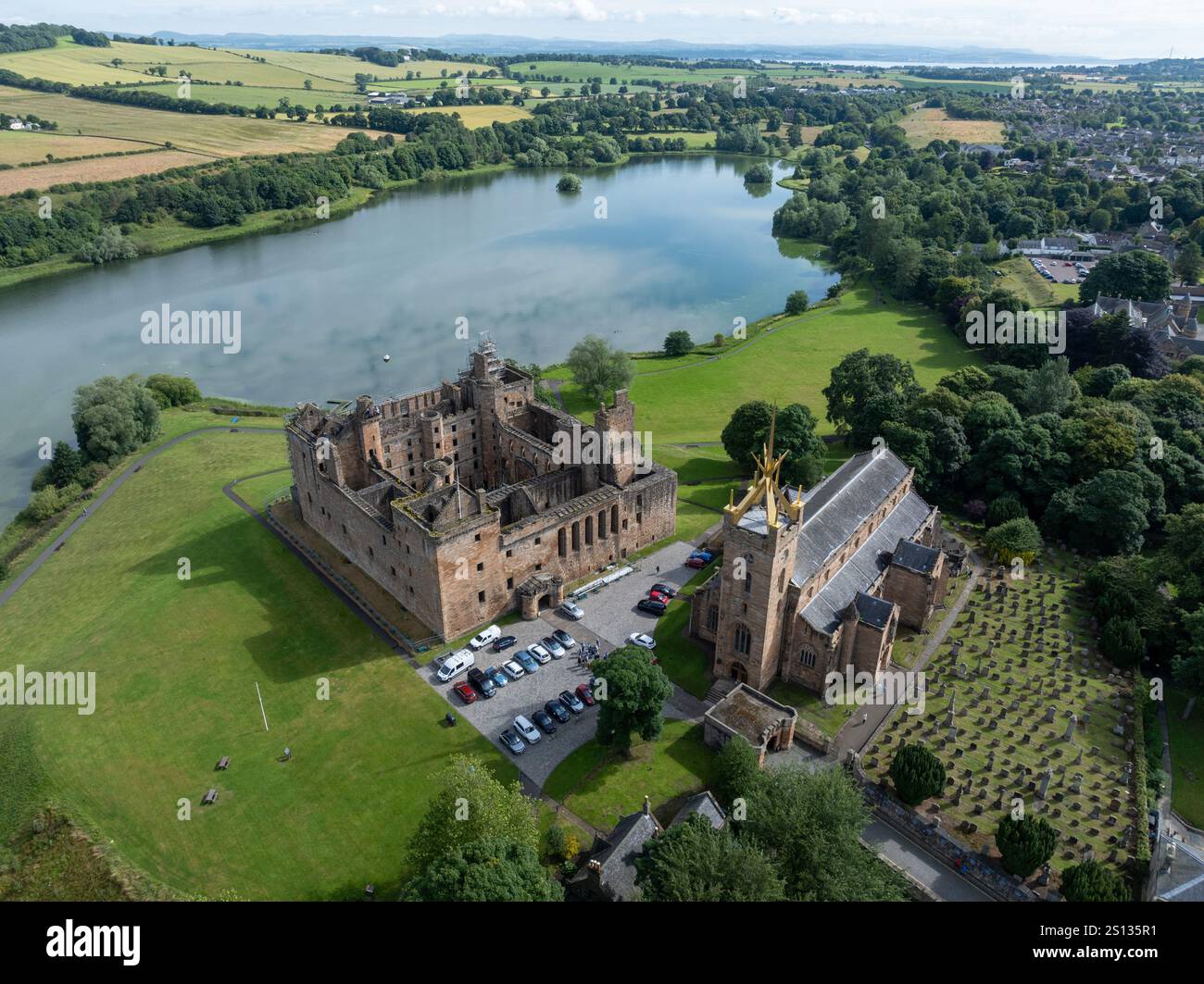 Aerial view of Linlithgow Abbey and the ruins of Linlithgow Palace ...