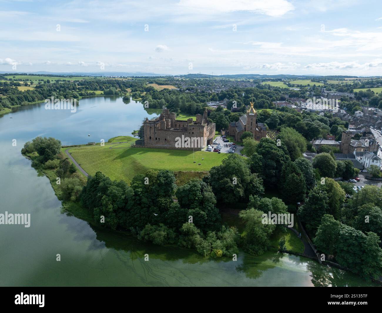 Aerial view of Linlithgow Abbey and the ruins of Linlithgow Palace ...
