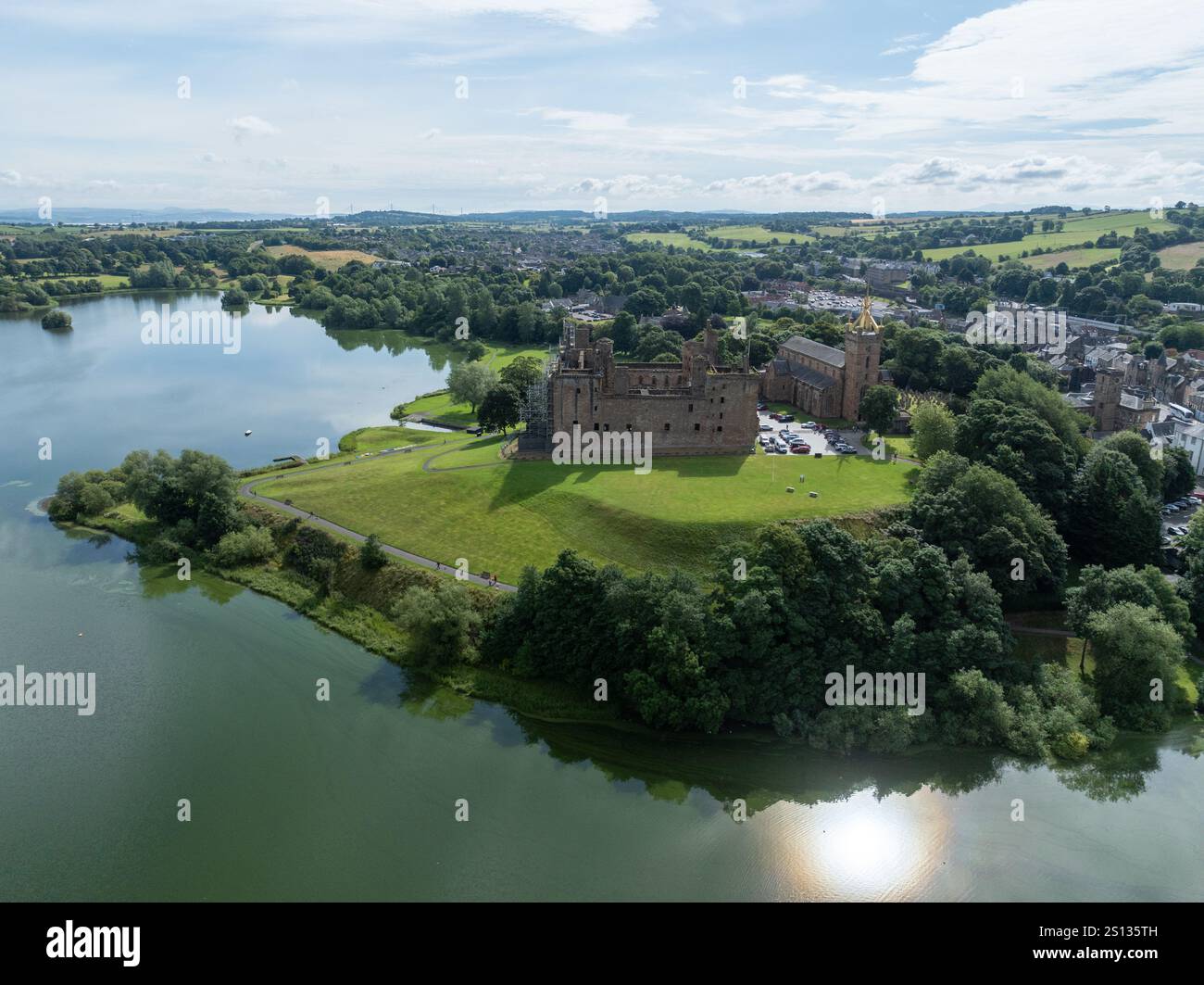 Aerial view of Linlithgow Abbey and the ruins of Linlithgow Palace ...