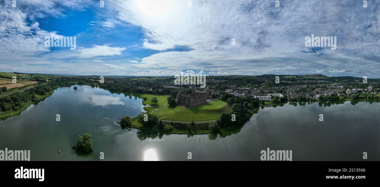 Aerial view of Linlithgow Abbey and the ruins of Linlithgow Palace ...