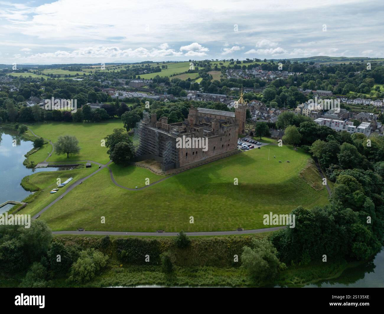 Aerial view of Linlithgow Abbey and the ruins of Linlithgow Palace ...