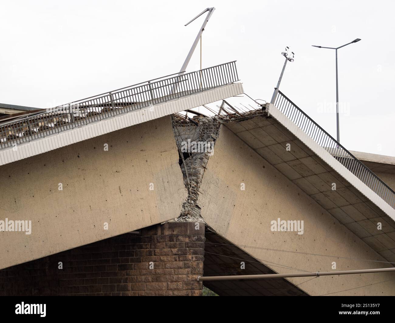 Dresden Carola bridge (Carolabrücke) collapsed. Broken reinforced concrete structure close up ...