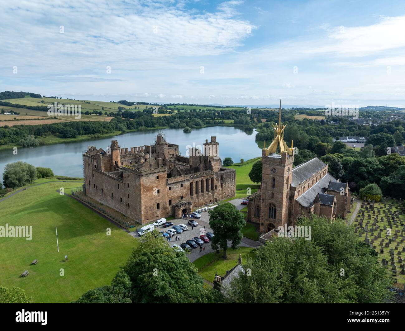 Aerial view of Linlithgow Abbey and the ruins of Linlithgow Palace ...