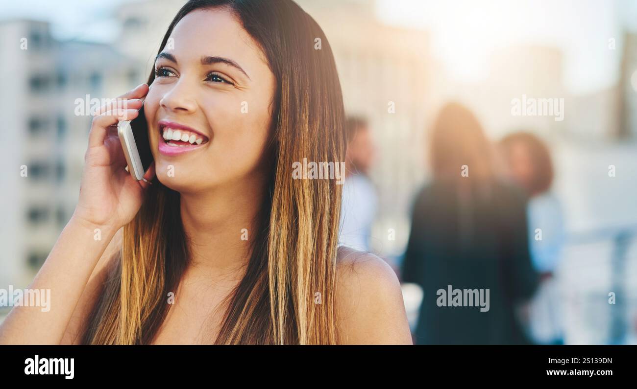 City, woman and joke with phone call for talking, gossip and digital ...