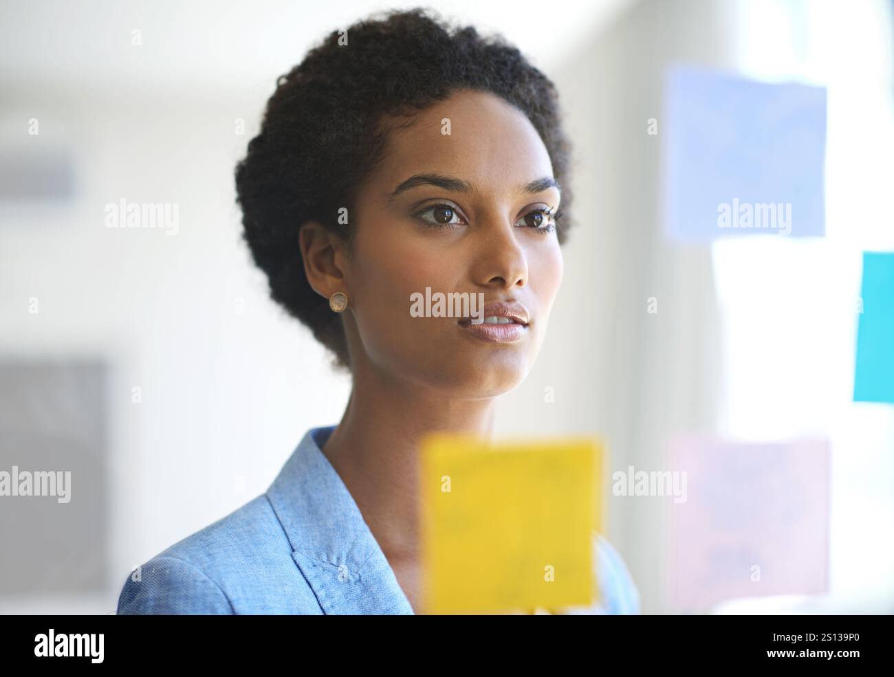 Woman, thinking and office for sticky notes strategy, brainstorming and ...