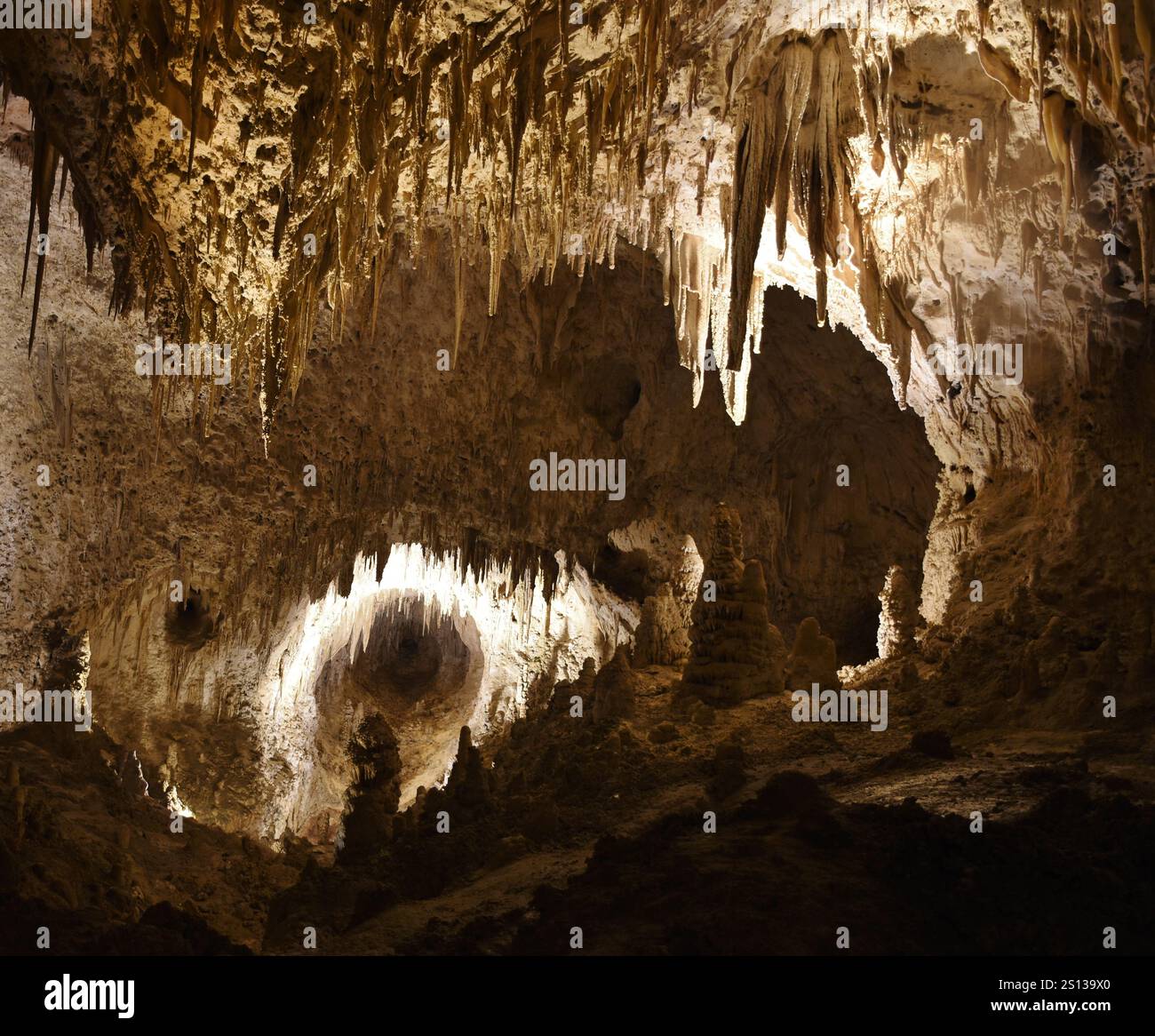 Cave formation of stalactites and stalagmites in the Big Room of ...