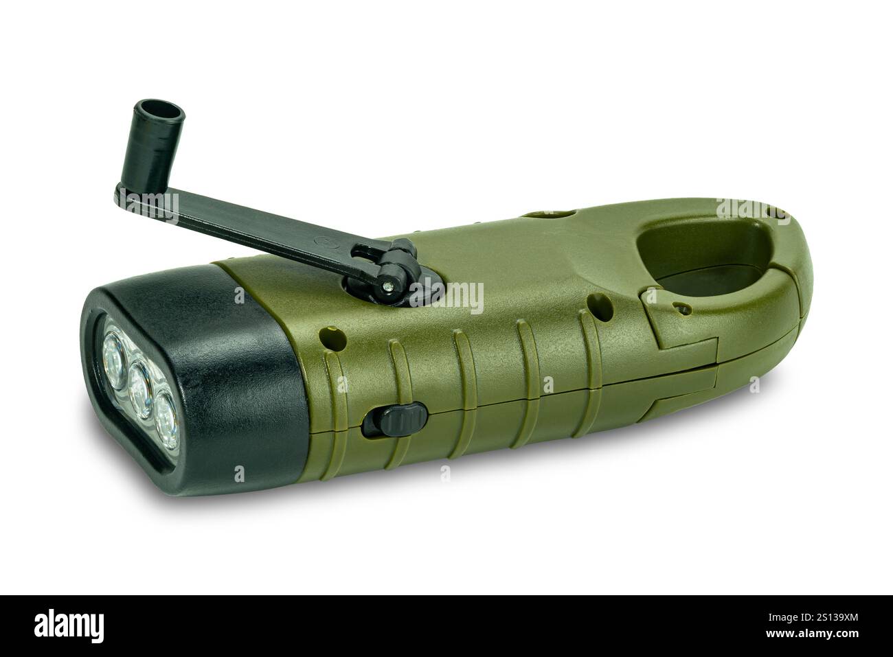 Modern portable LED flashlight powered by a battery isolated on white ...