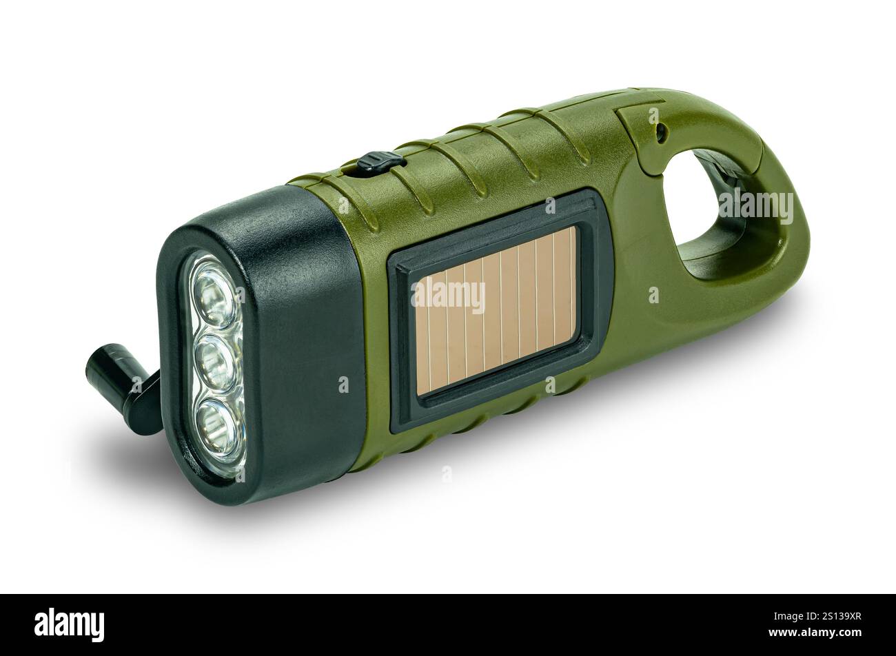 Side view of mini solar cranking LED flashlight isolated on white ...