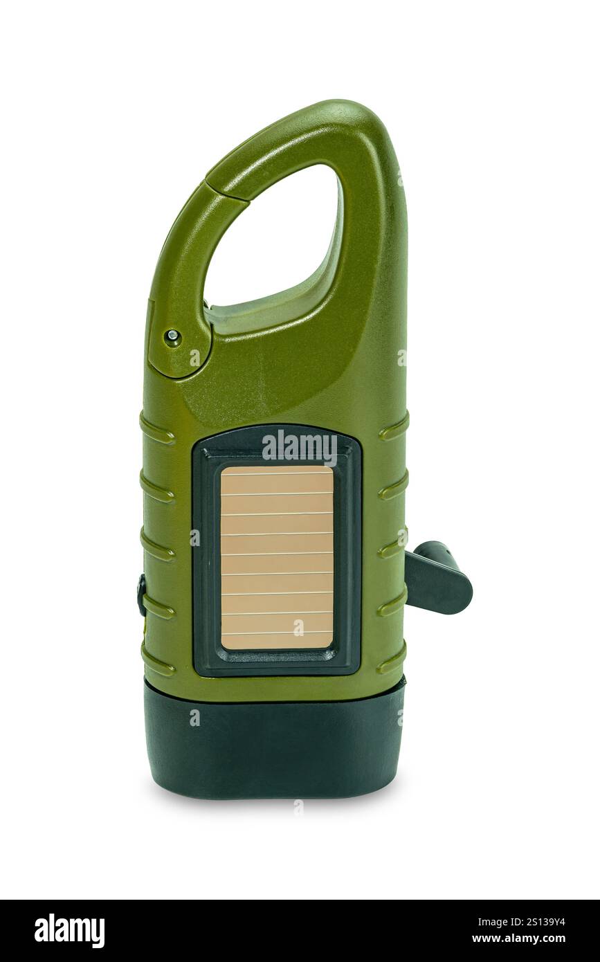 Vertical view of mini solar cranking LED flashlight isolated on white ...