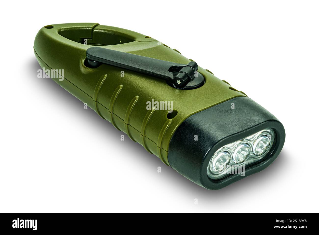 High angle view of modern portable LED flashlight powered by a battery ...