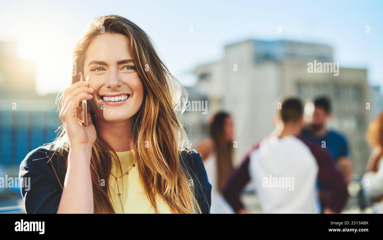 City, woman and thinking with phone call for listening, gossip and ...