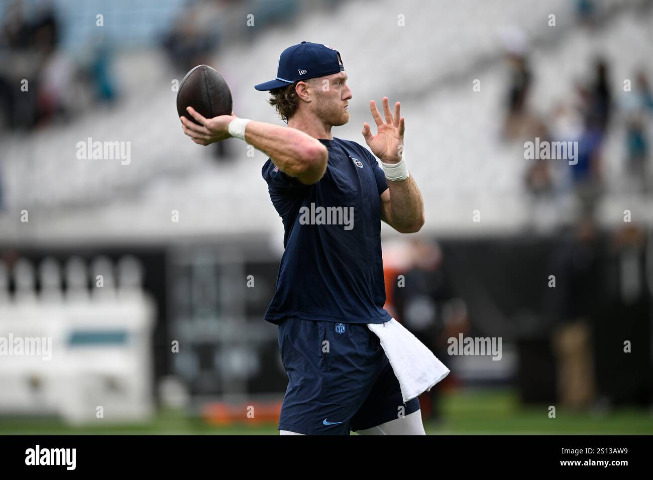 Tennessee Titans quarterback Will Levis warms up before an NFL football ...