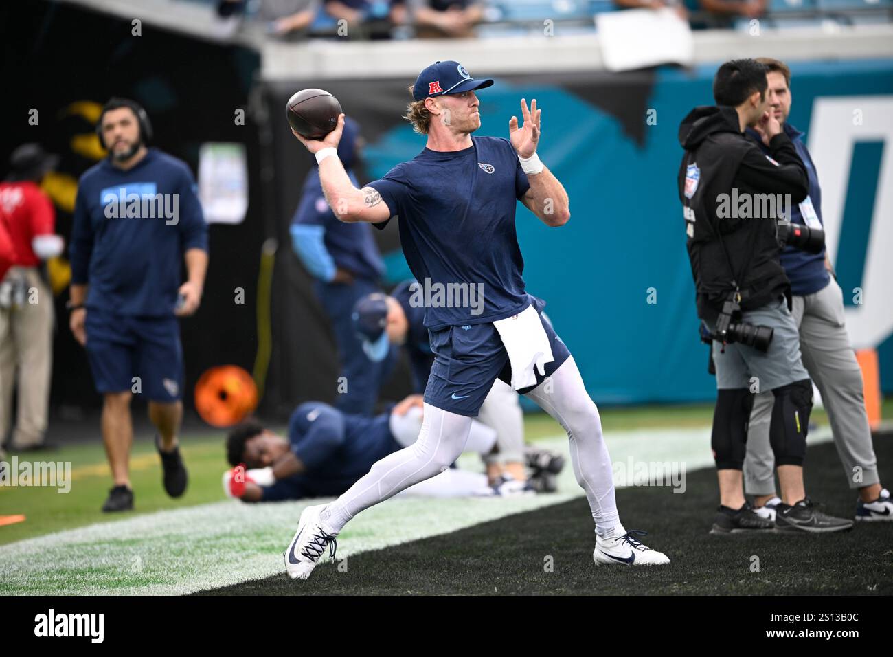 Tennessee Titans quarterback Will Levis warms up before an NFL football ...