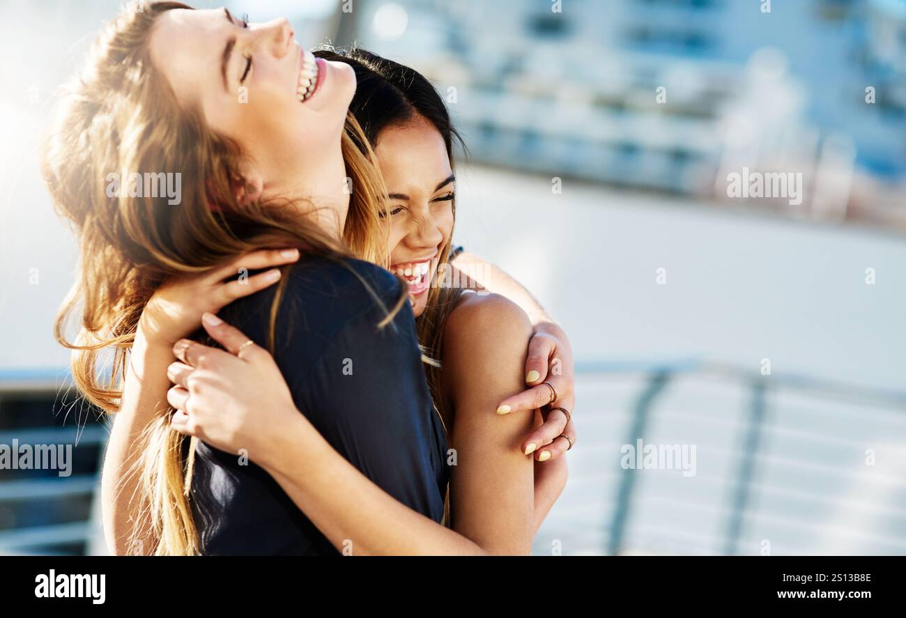 Laughing, hug and students with friends in city for bonding, funny and ...