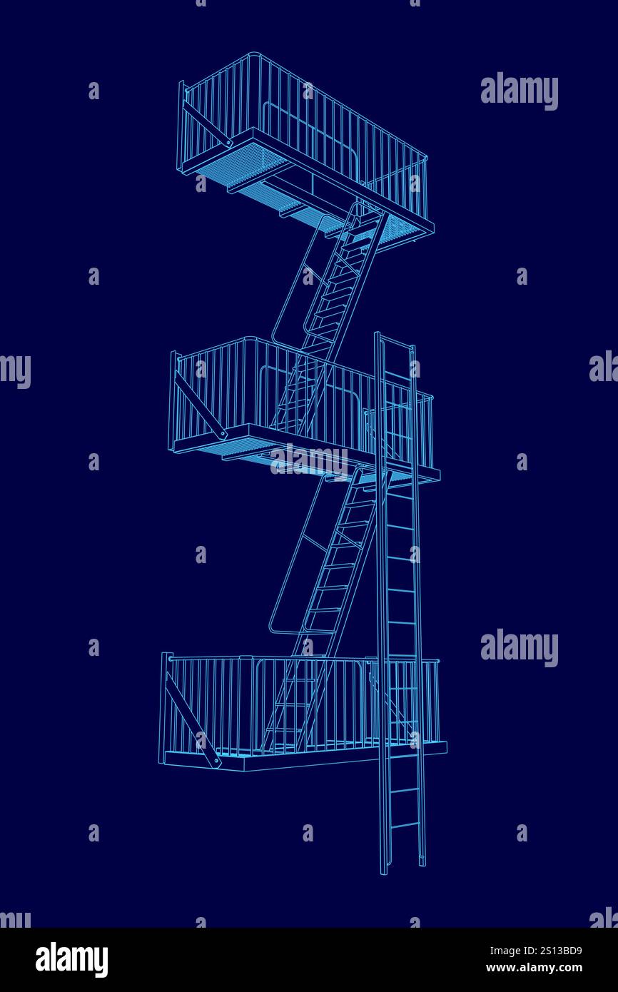 Blue drawing of a staircase. The staircase is three stories tall and ...