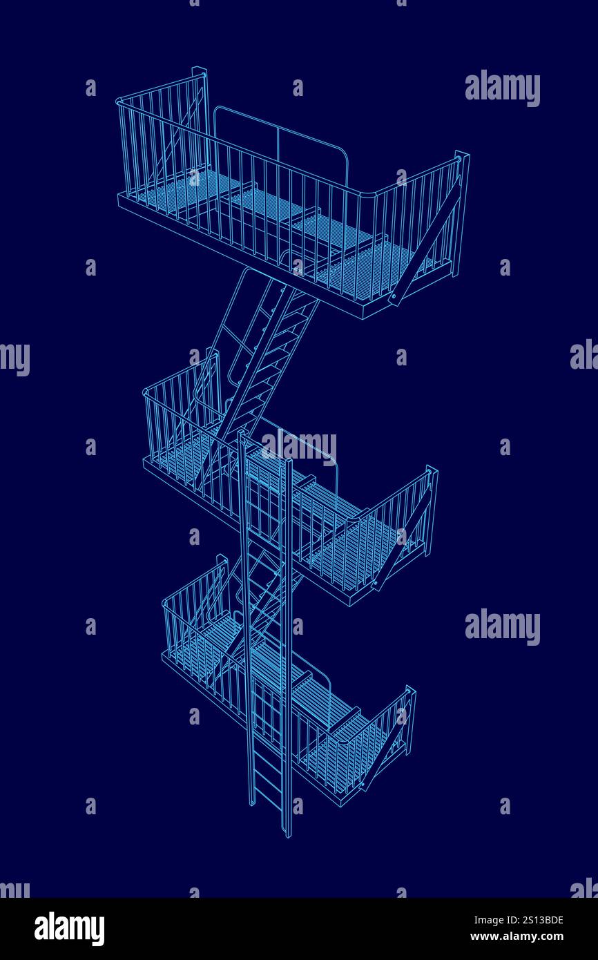 Blue drawing of a fire escape with a ladder. The ladder is on the left ...